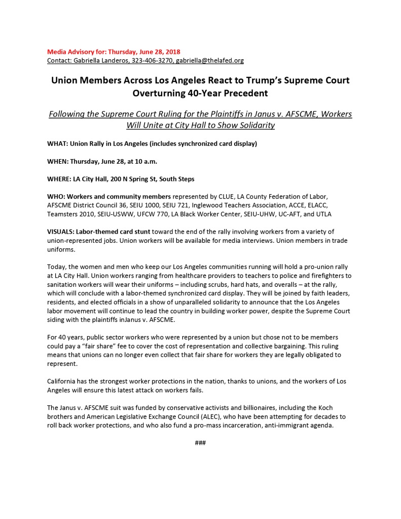 MEDIA ADVISORY FOR: Thurs., June 28, 2018 - Union Members Across Los ...