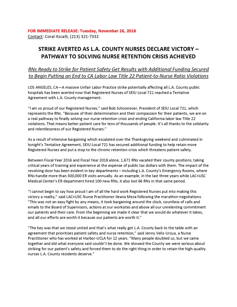 Press Release for Tues., Nov. 27, 2018 – Strike Averted as L.A. County ...