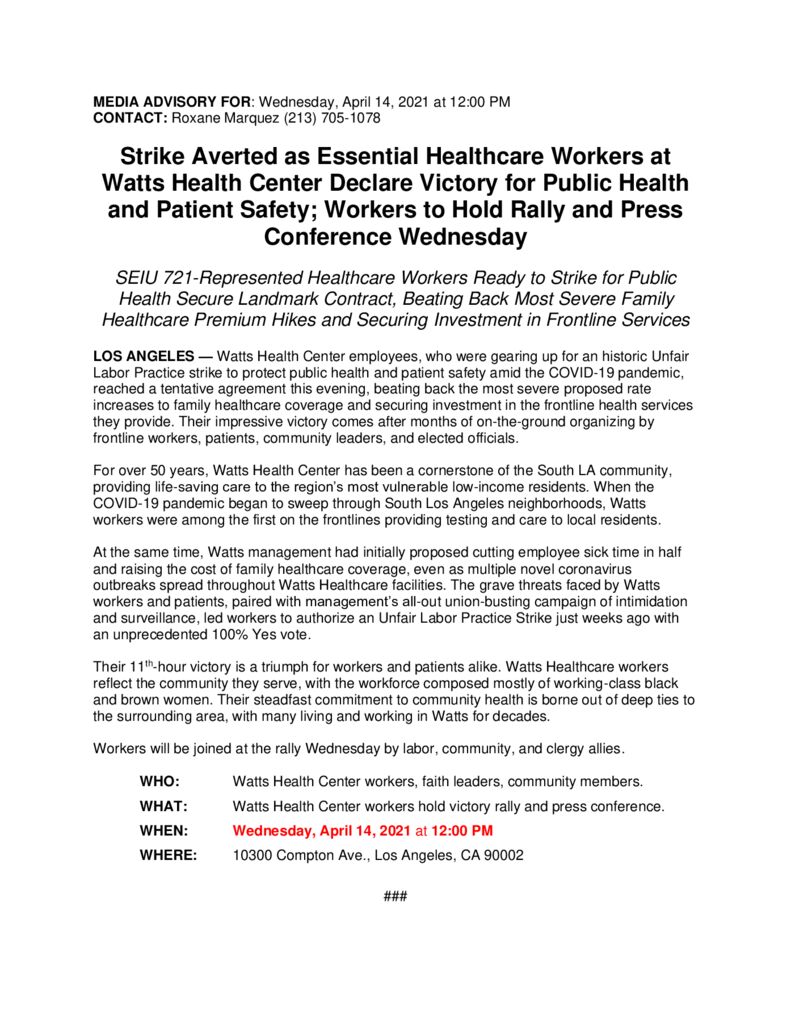 Press Release for Wed., Apr. 14, 2021 - Strike Averted as Essential ...